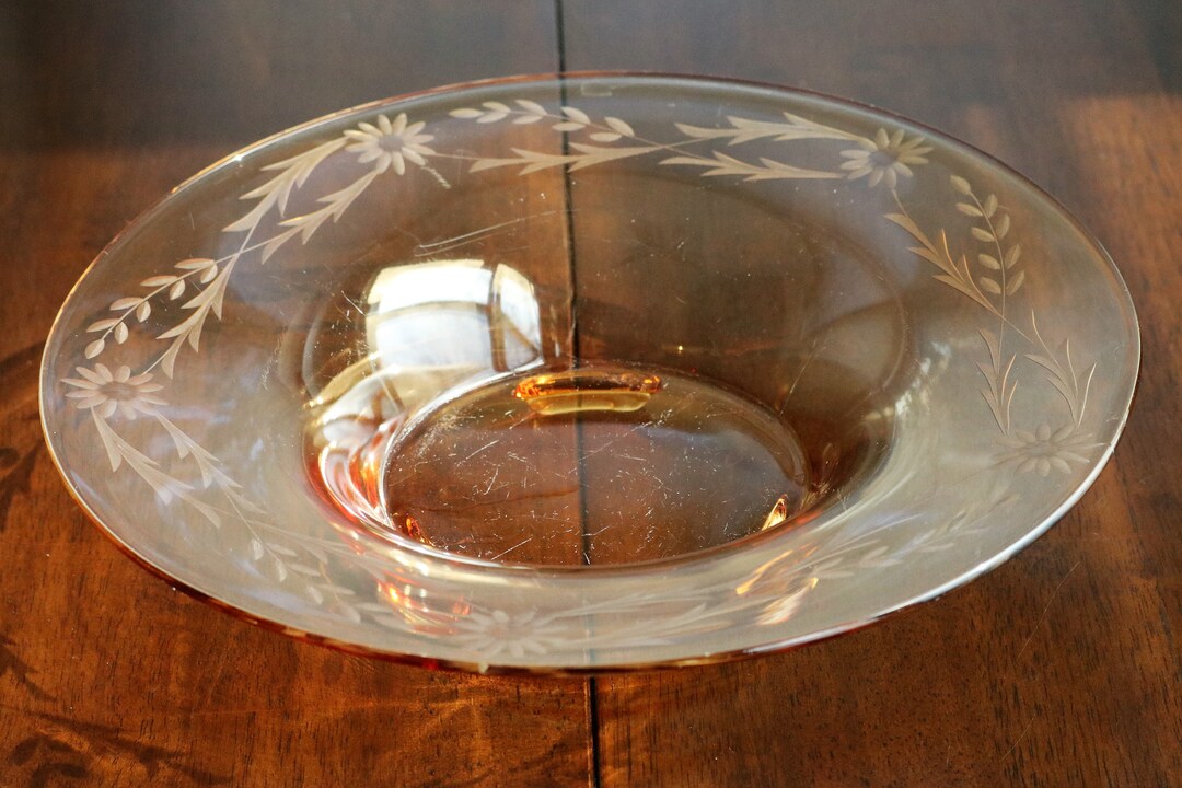 Gold Color Depression Glass Console Bowl With Etched Flowers, Large ...