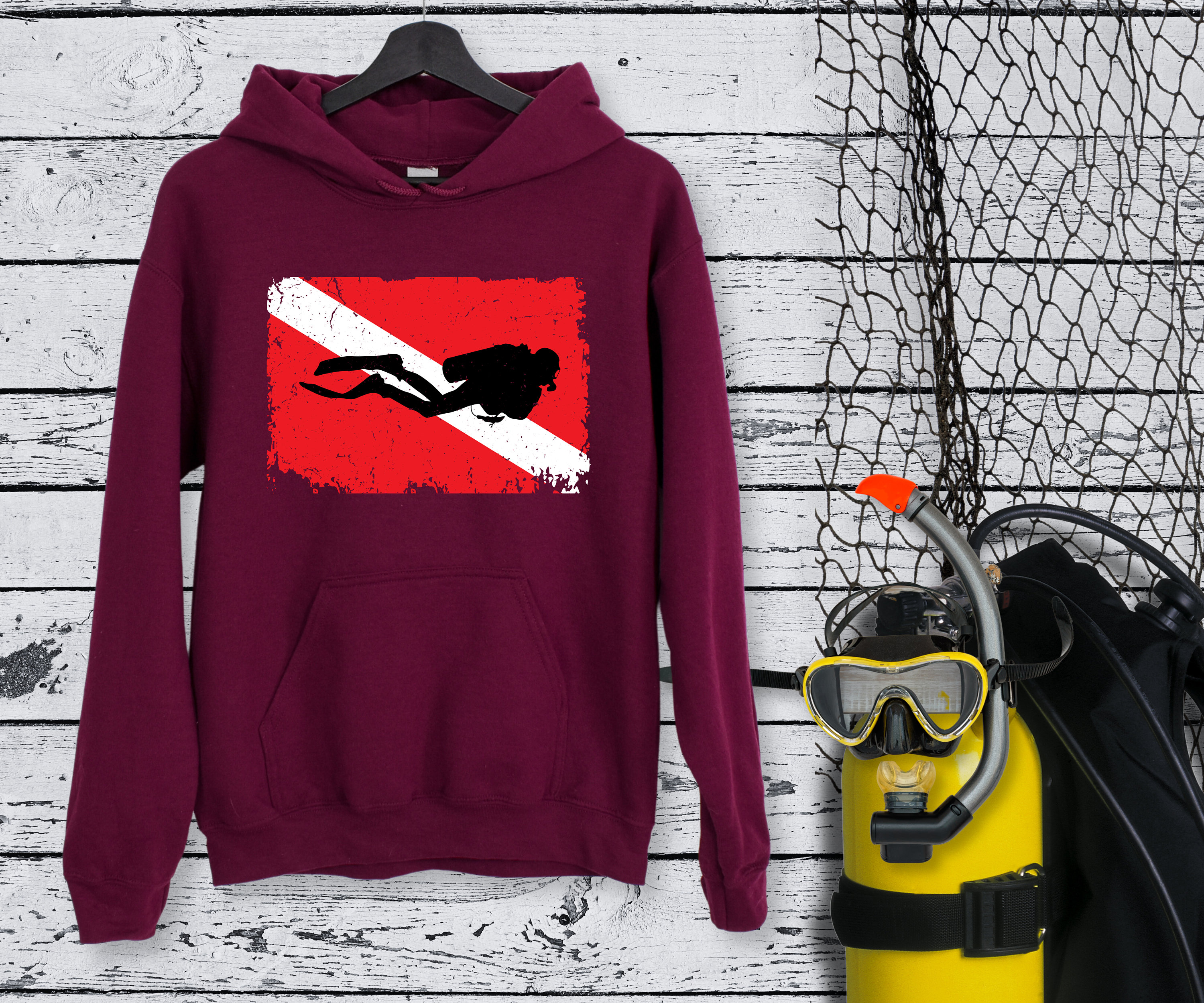 Vintage Diver Dive Flag Hooded Sweatshirt | Distressed Style Diver Down ...