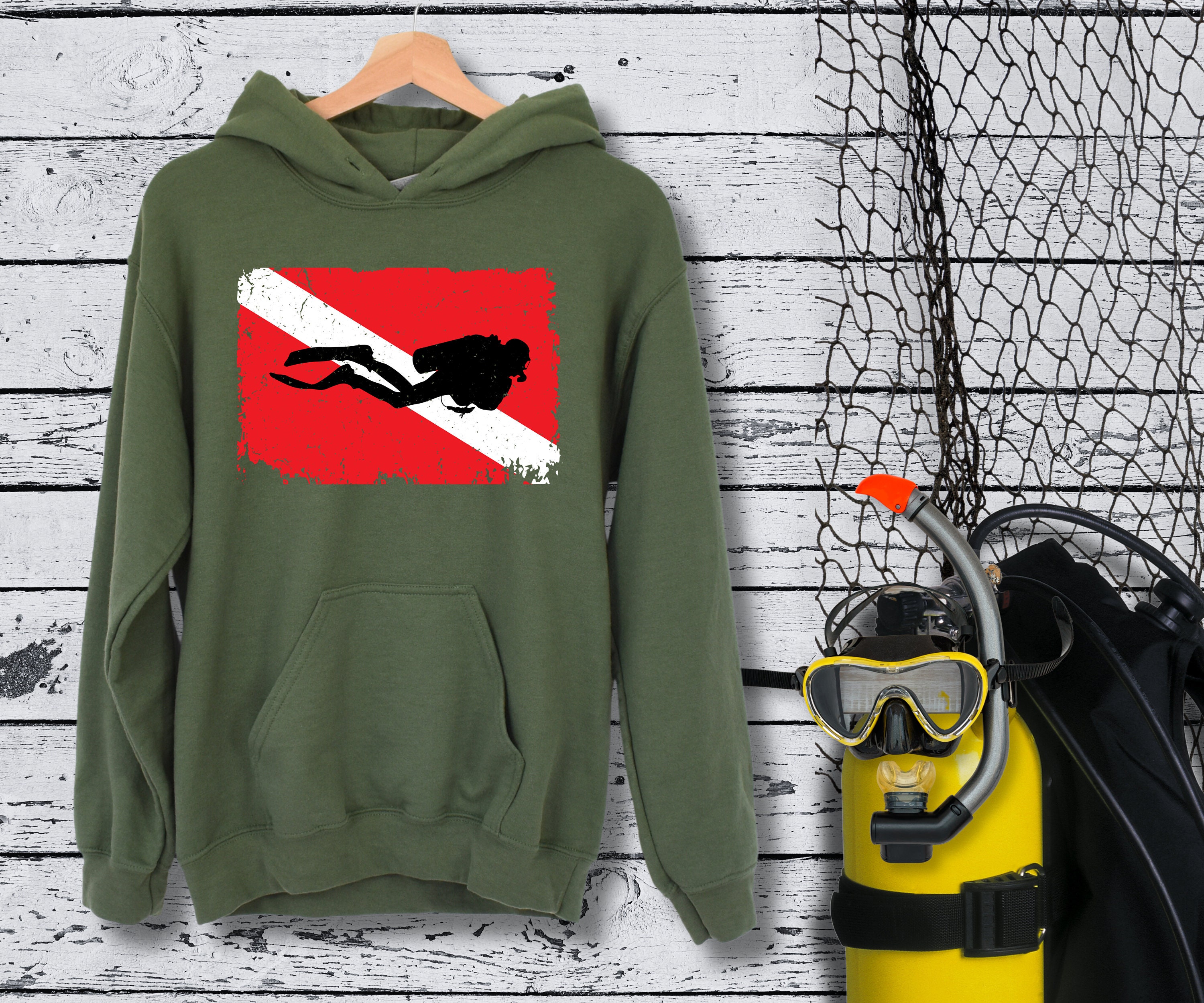 Vintage Diver Dive Flag Hooded Sweatshirt | Distressed Style Diver Down ...