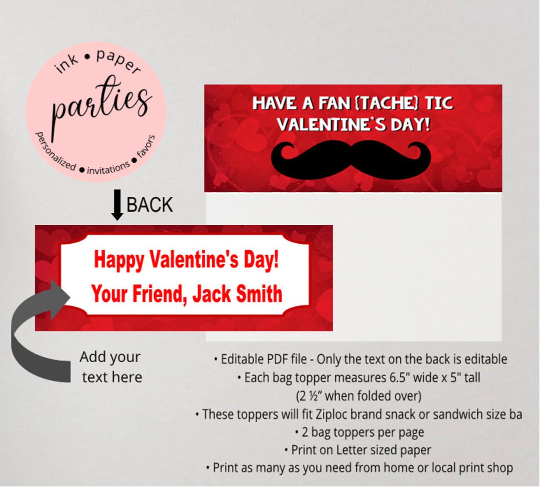 EDITABLE Mustache Valentine's Day Heart Kids Valentine Candy Goody ...