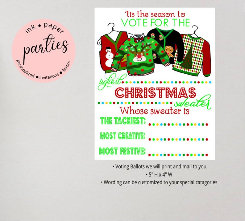 Ugly Sweater Holiday Christmas Party Voting Vote Ballot Cards - We ...