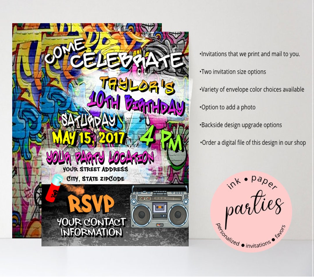 Graffiti Hip Hop Rap Spray Paint Retro 80's Birthday Party Invitations ...
