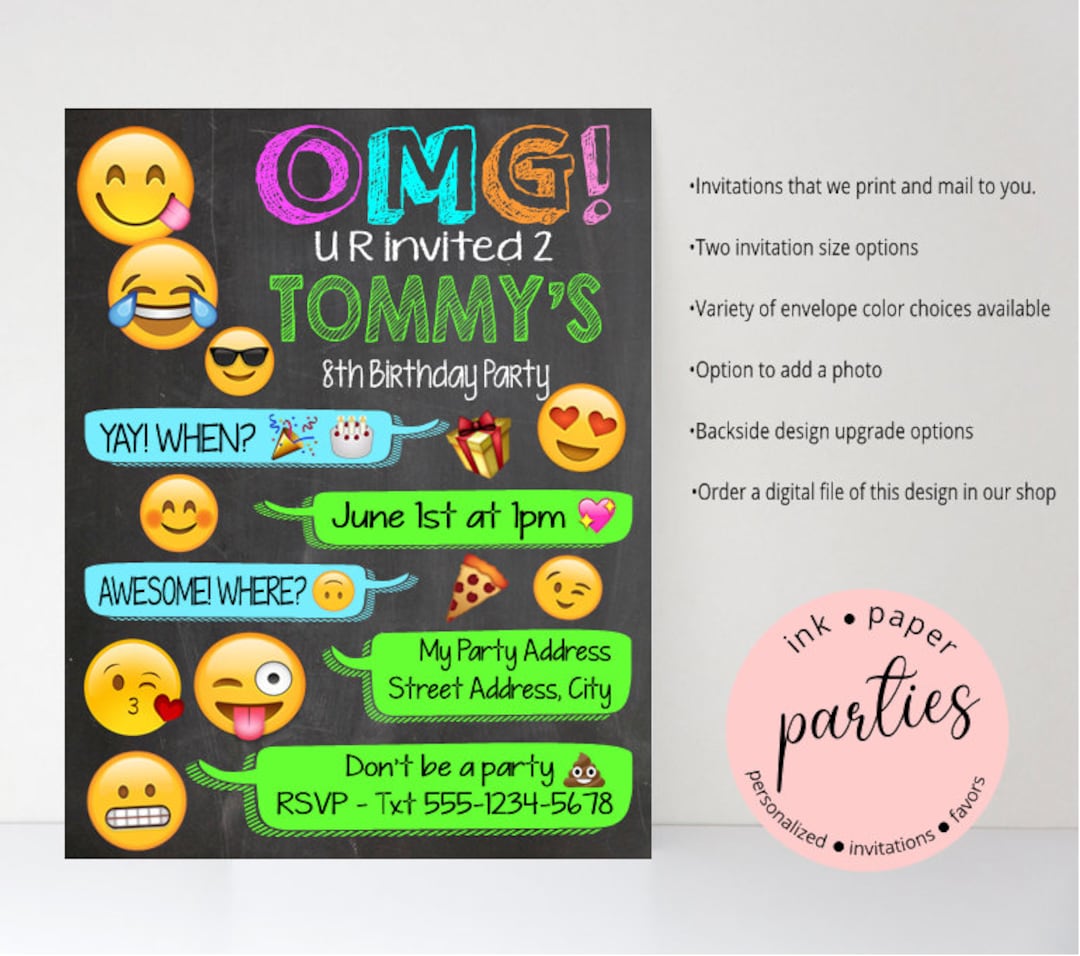 Emojicons Emoji Emojis Birthday Party Chalkboard Invitations Invites ...