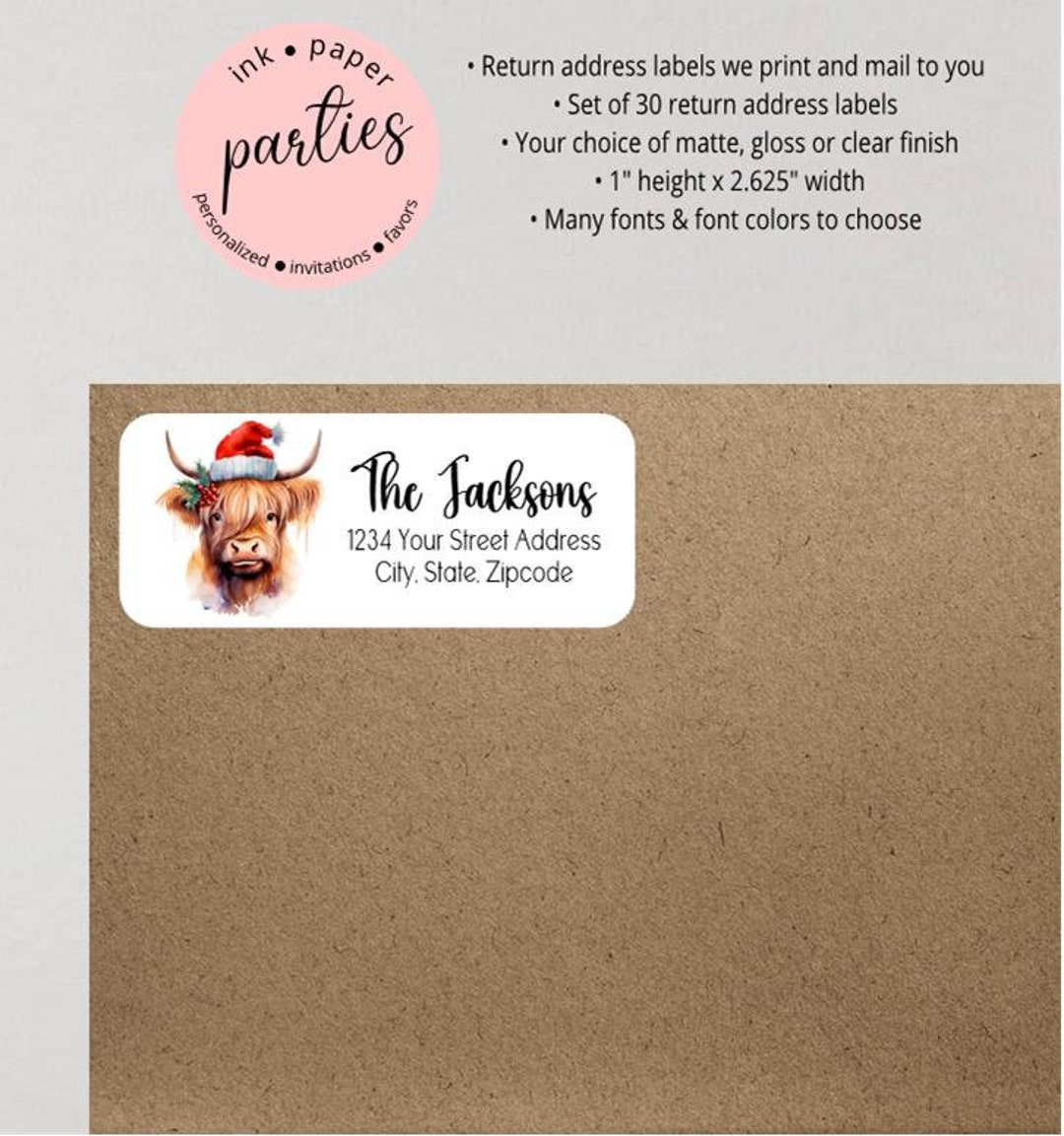 Christmas Holiday Santa Highland Cow Farm Rustic Return Address Labels ...
