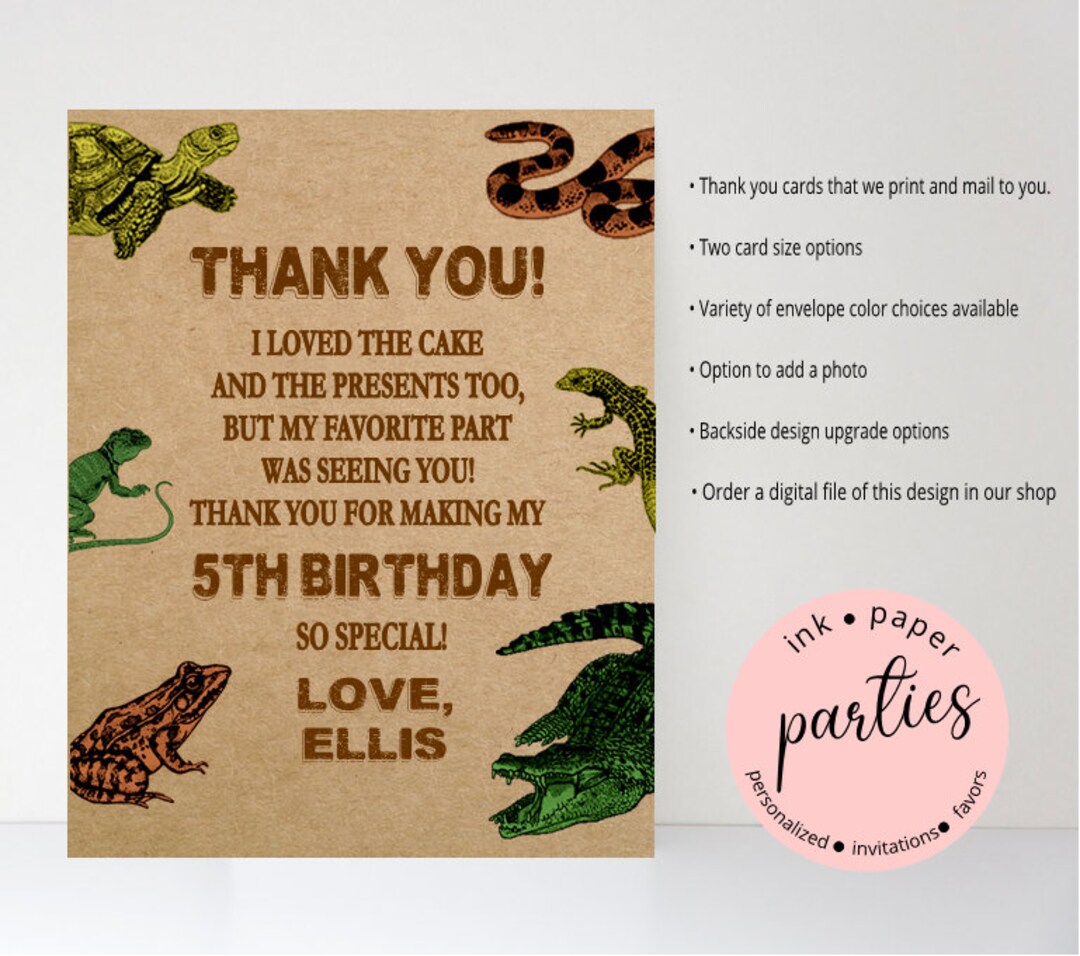 Reptile Lizard Snake Alligator Frog Turtle Birthday Party Thank You ...