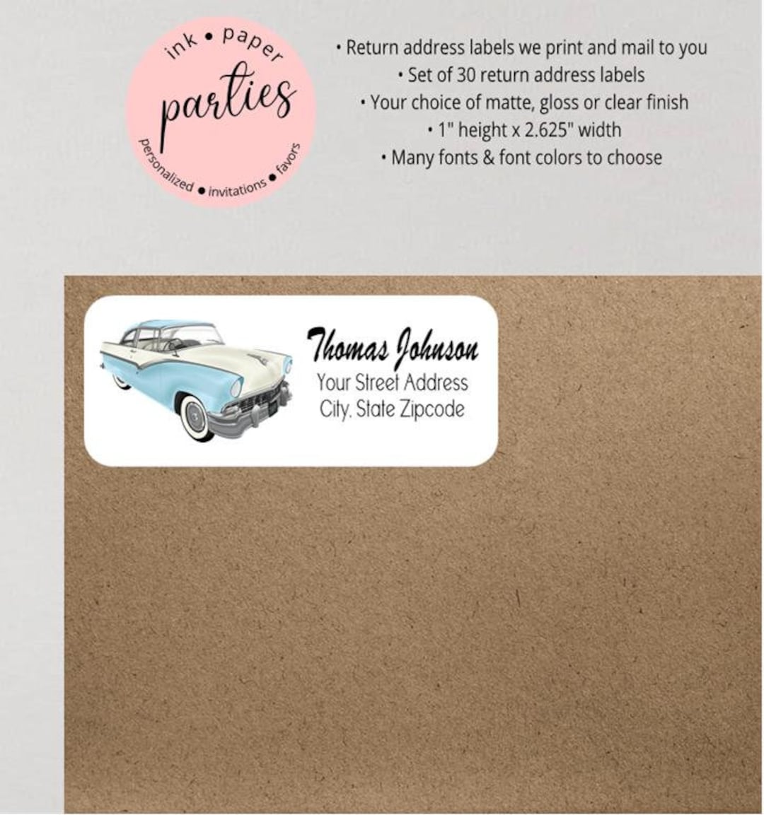 Classic Vintage Car Return Address Labels Favors Personalized Custom We ...