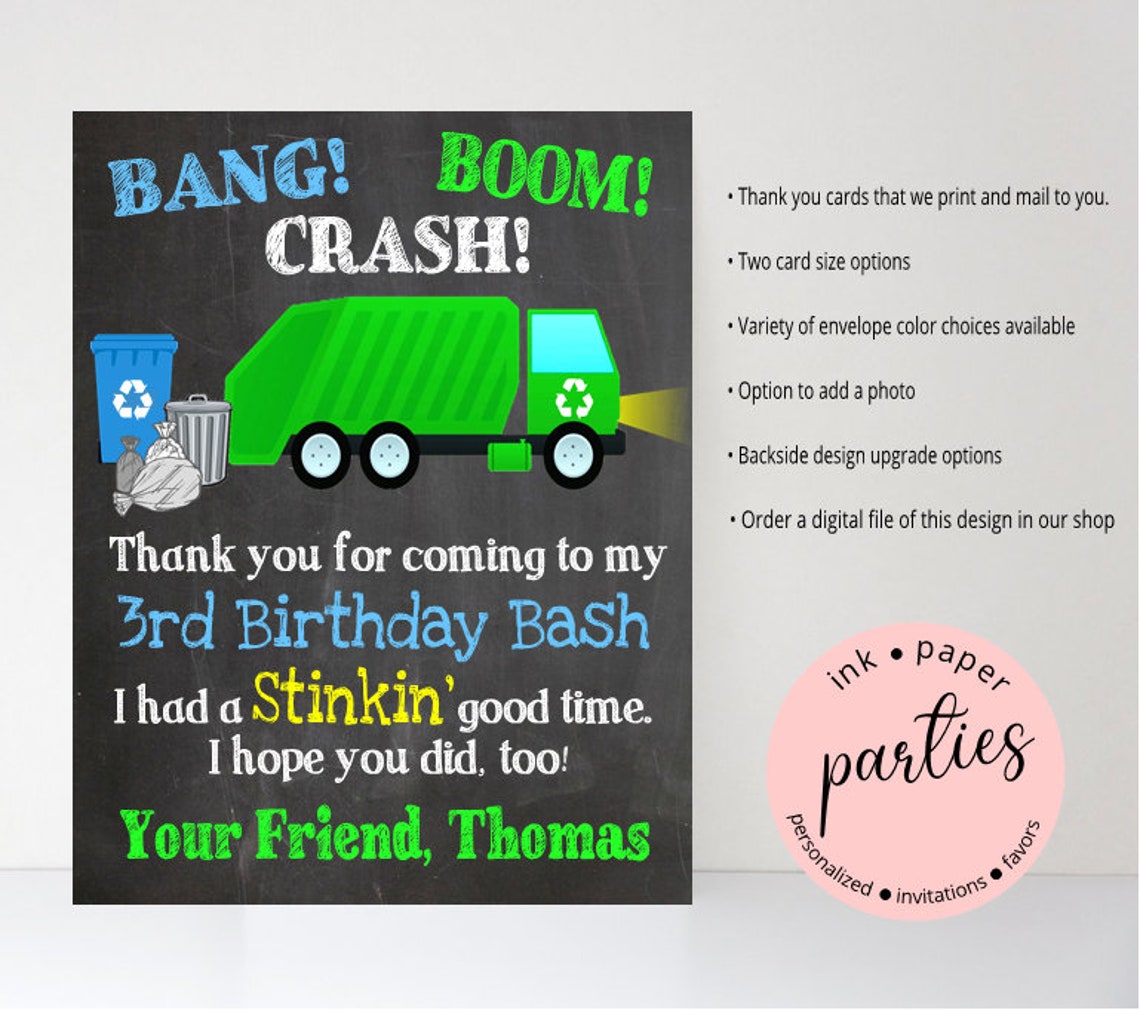 Garbage Trash Recycling Truck Birthday Party Thank You Note - Etsy