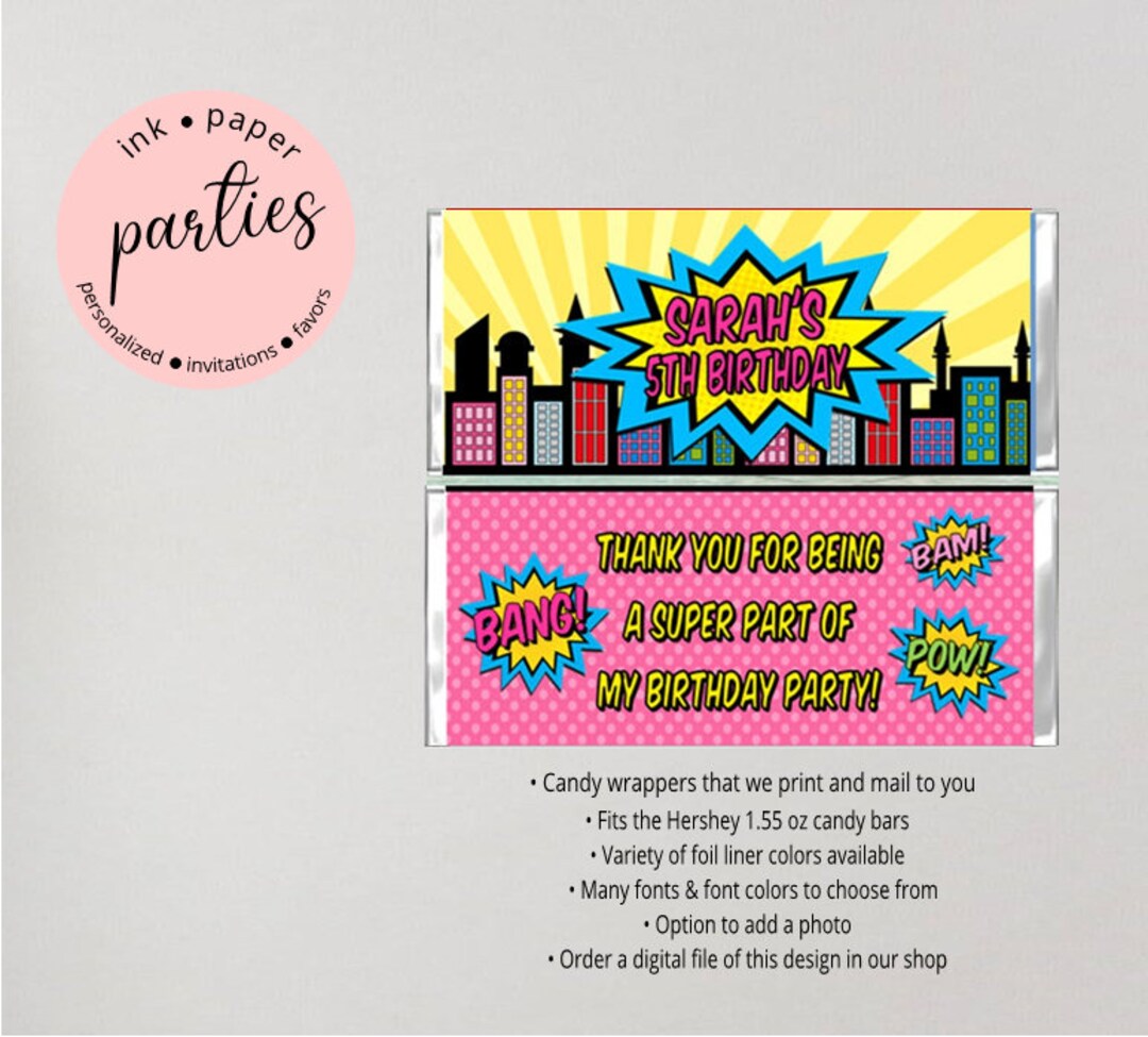 Super Hero Superhero Comic Book Birthday Party Candy Wrappers Favors ...