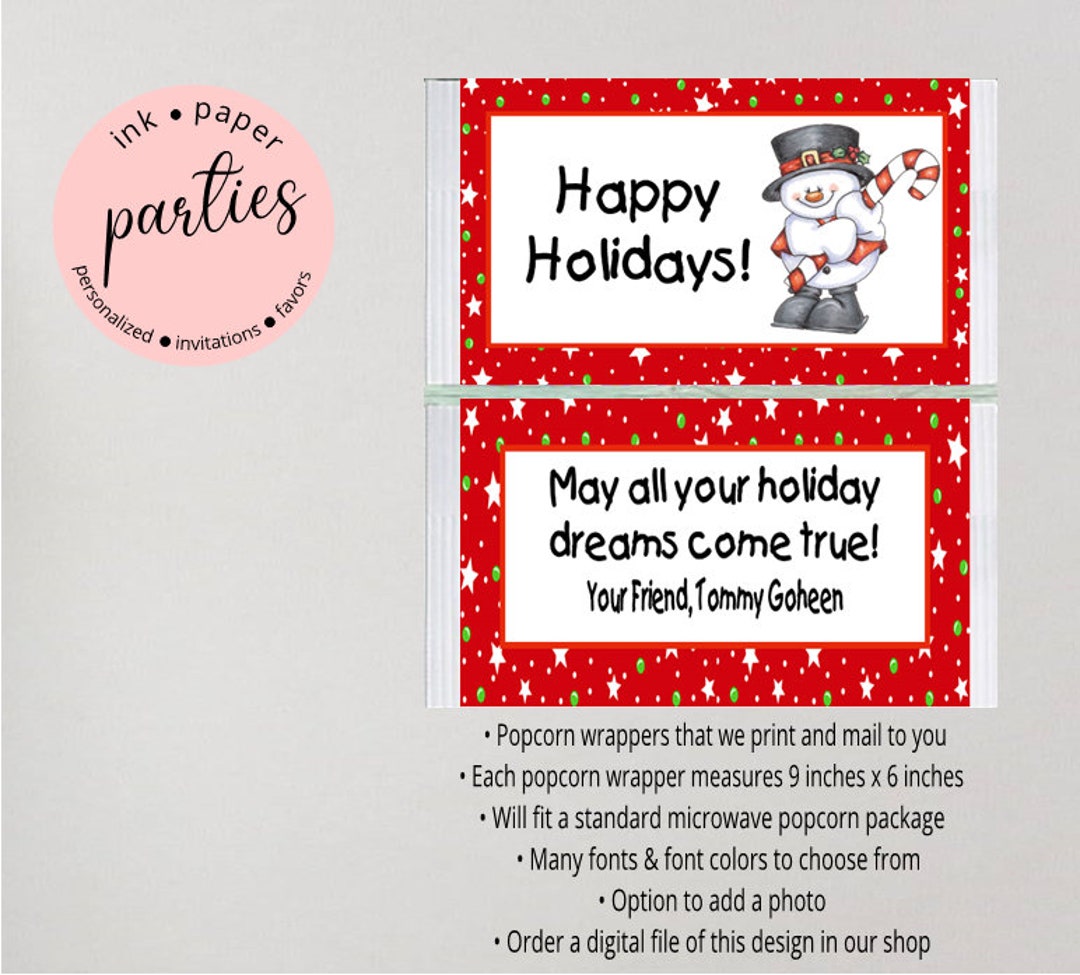 Holiday Christmas Snowman Popcorn Party Wrappers Favors We Print and ...