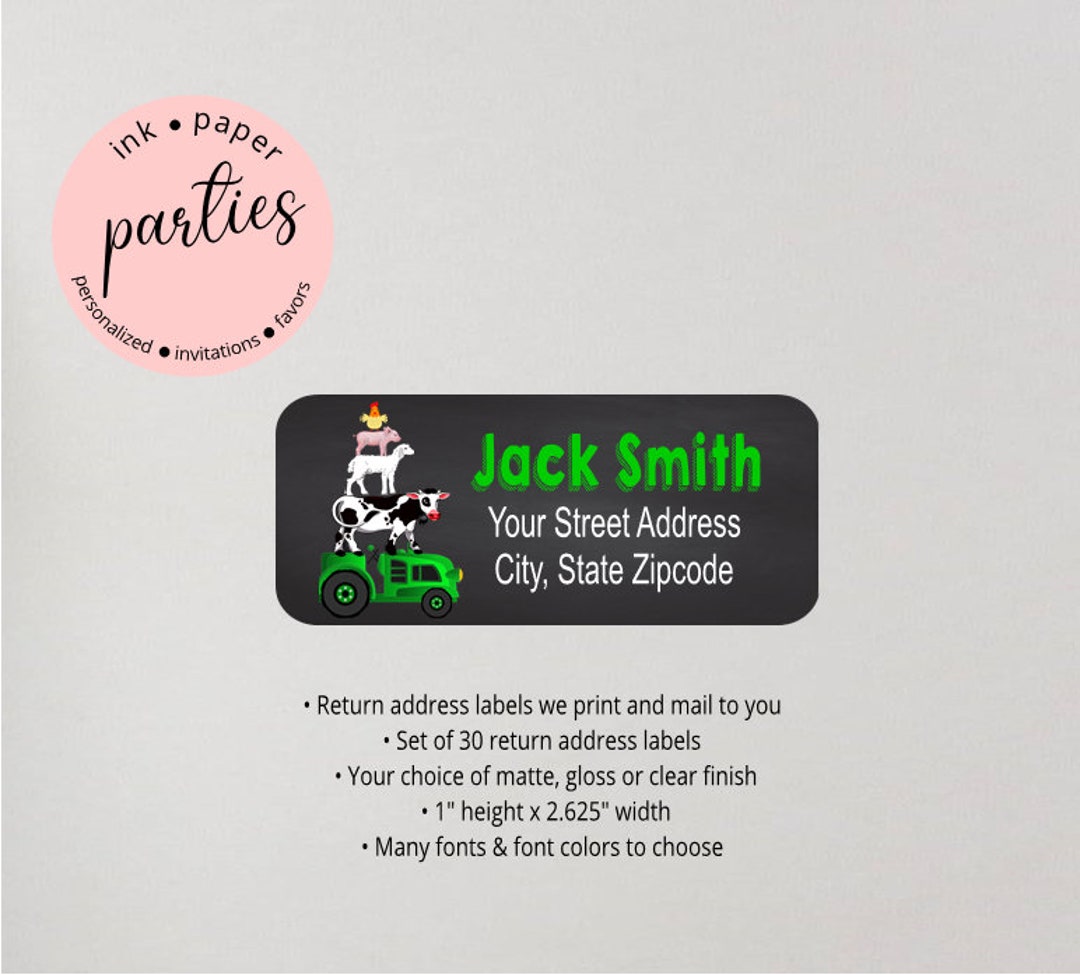 Farm Tractor Cow Animals Pig Chicken Birthday Party Return Address ...
