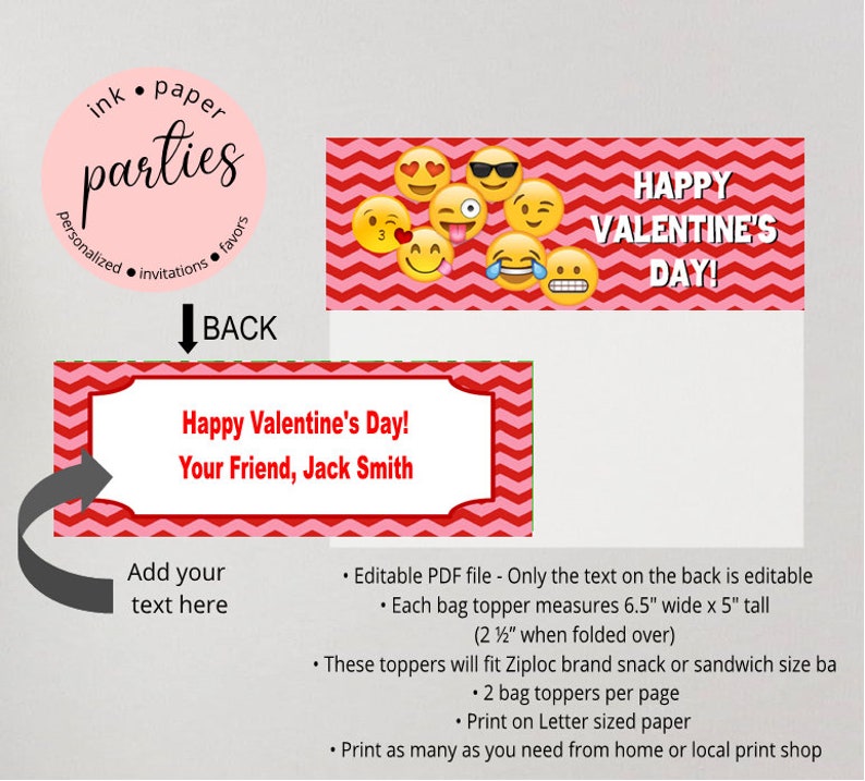 EDITABLE Emoji Valentine's Day Heart Kids Valentine Candy Goody Party ...