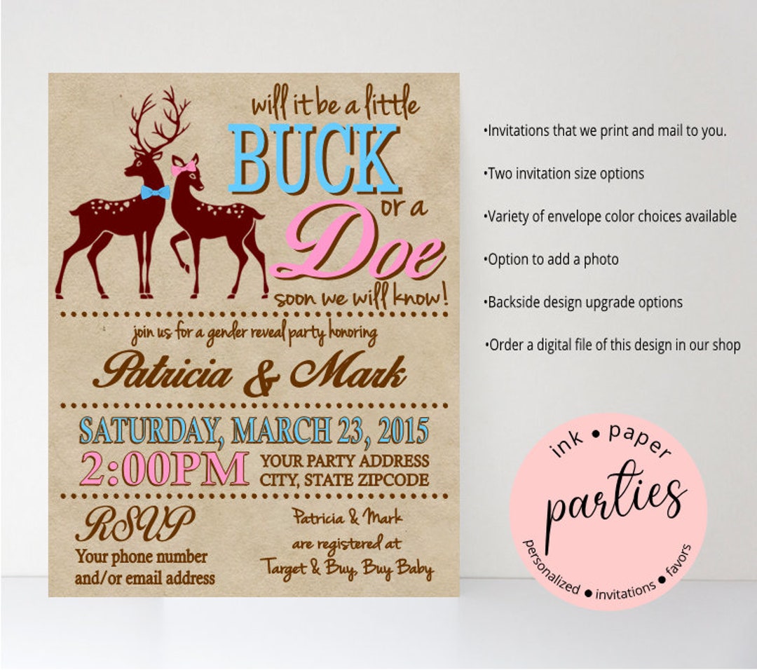 Baby Shower Gender Reveal Deer Buck Doe Party Invitations Invites ...