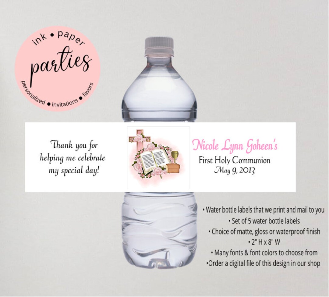 First Holy Communion Pink Cross Party Favors Favor Water Bottle Labels ...