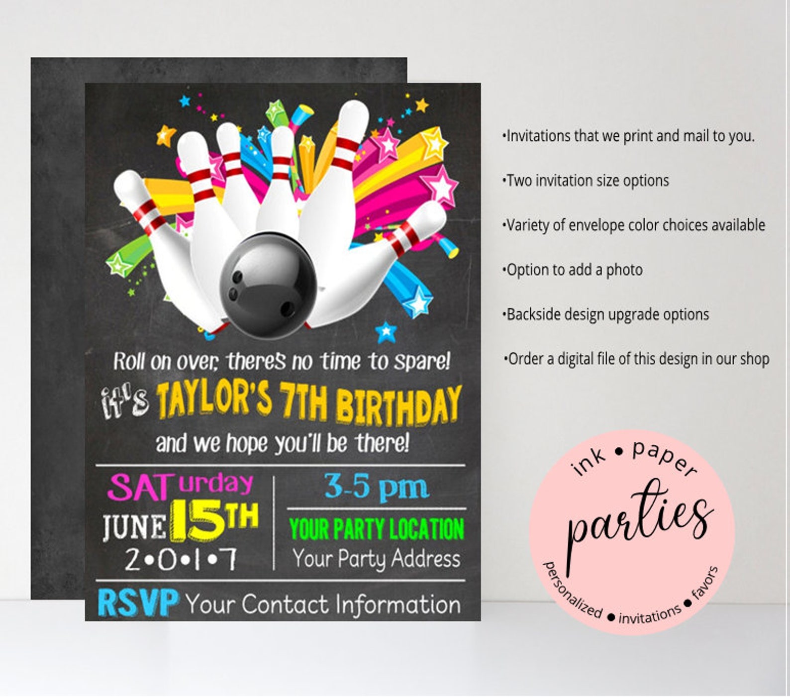 Bowling Bowl Pins & Ball Birthday Party Chalkboard Invitations - Etsy
