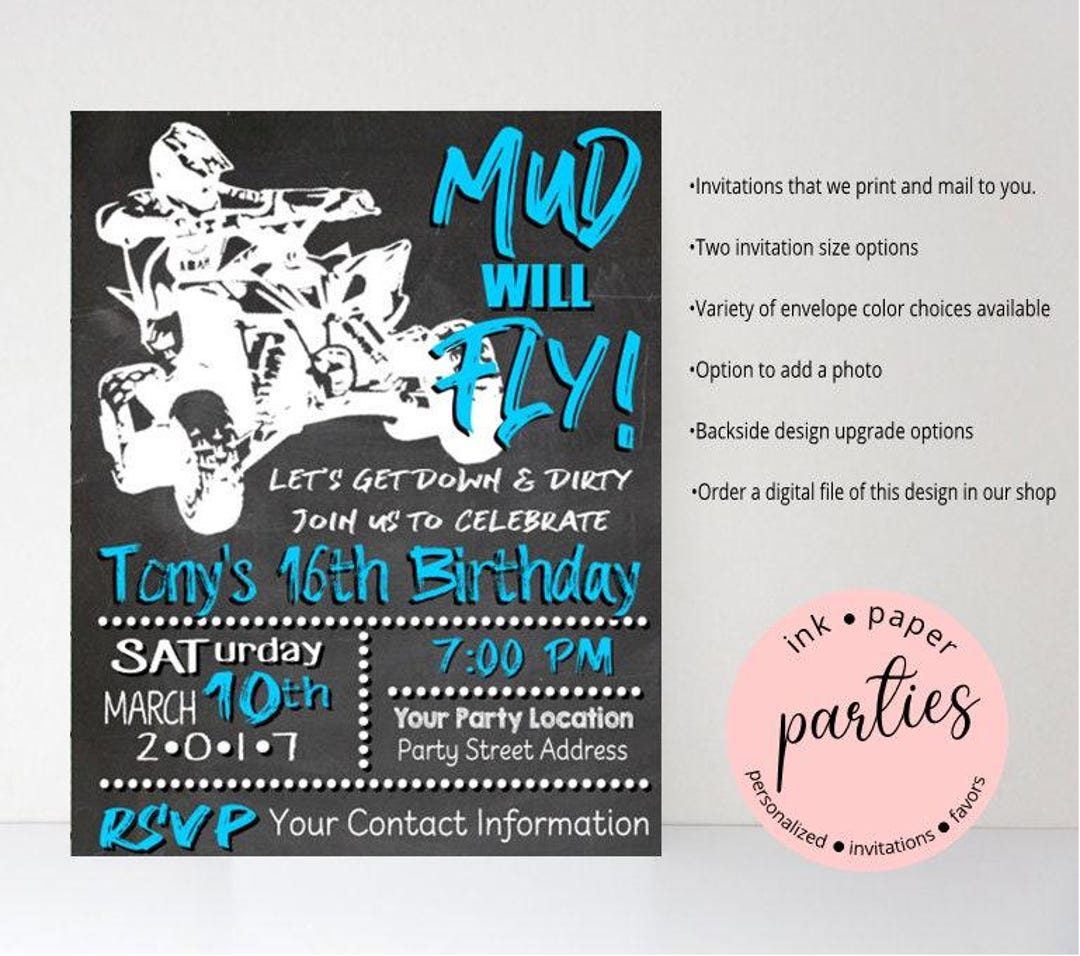 Four 4 Wheeler ATV Quad Chalkboard Birthday Party Invitations Invites ...