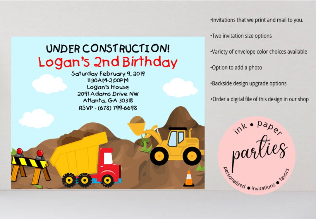 Construction Dump Truck Bulldozer Birthday Party Invitations Invites ...