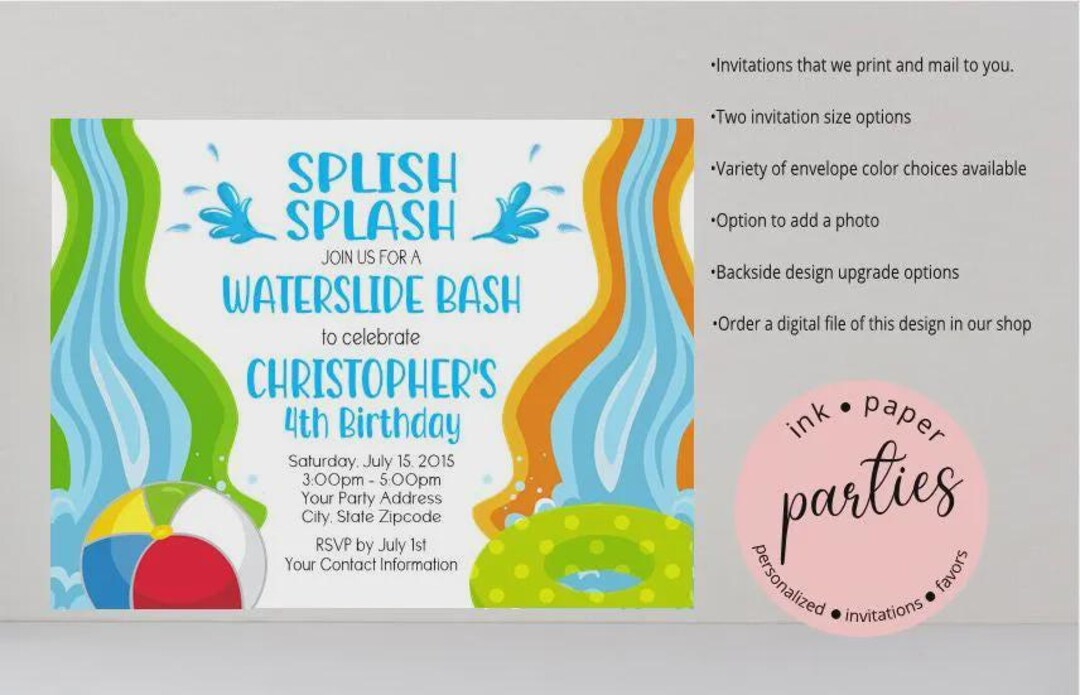 Waterslide Invitation - Pool, Swimming Birthday Party Invitations ...