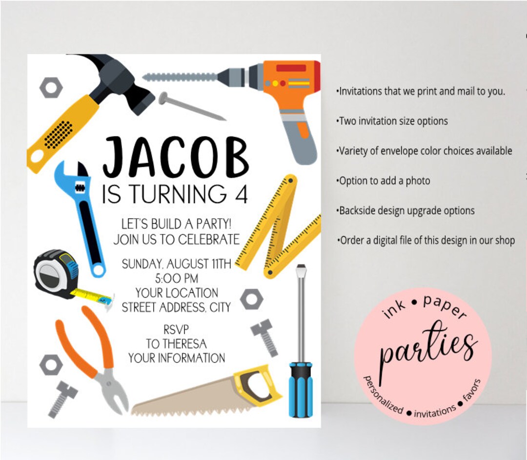 Builder Tools Construction Birthday Party Invitations Personalized ...