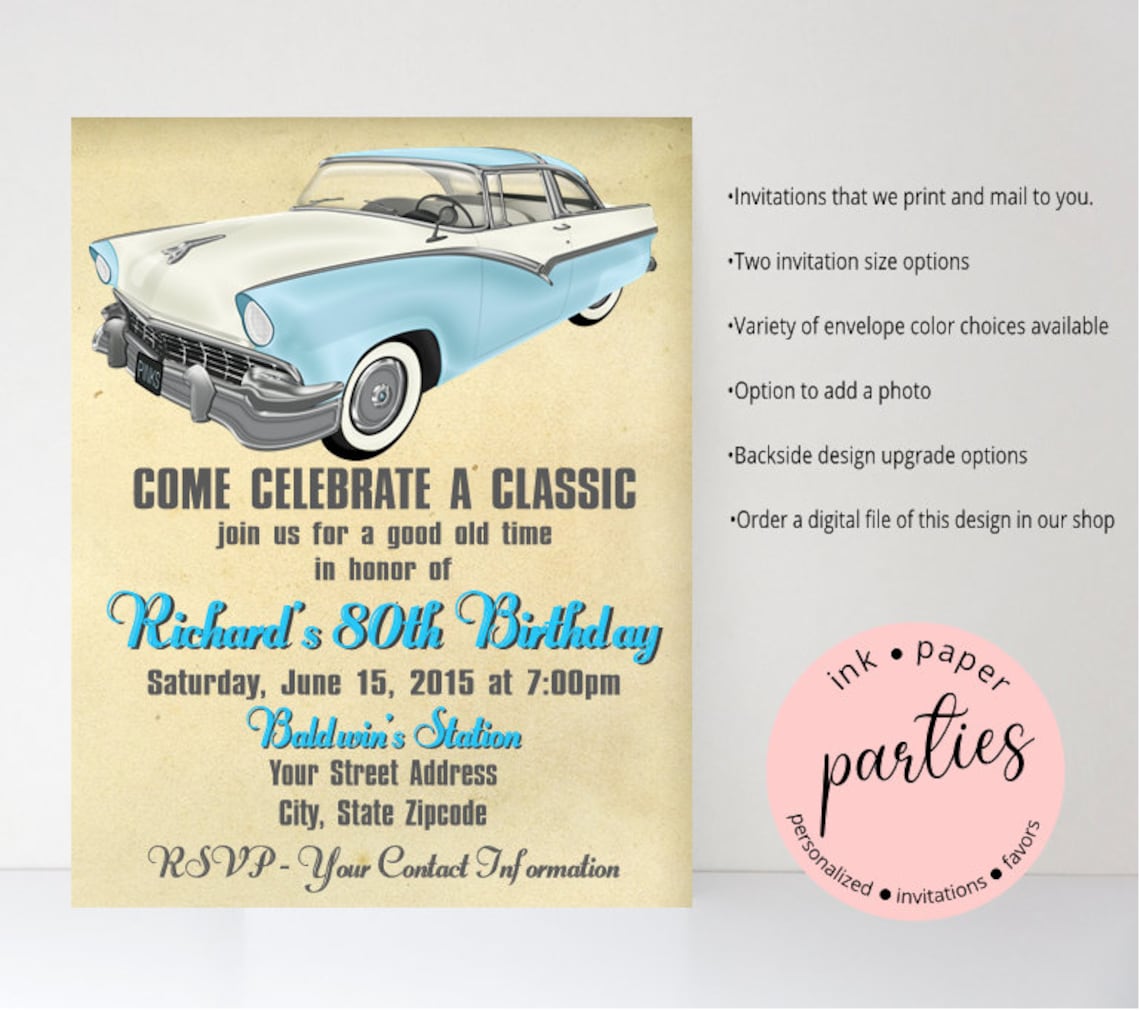Vintage Classic Retro Car Birthday Party Invitations Invites - Etsy