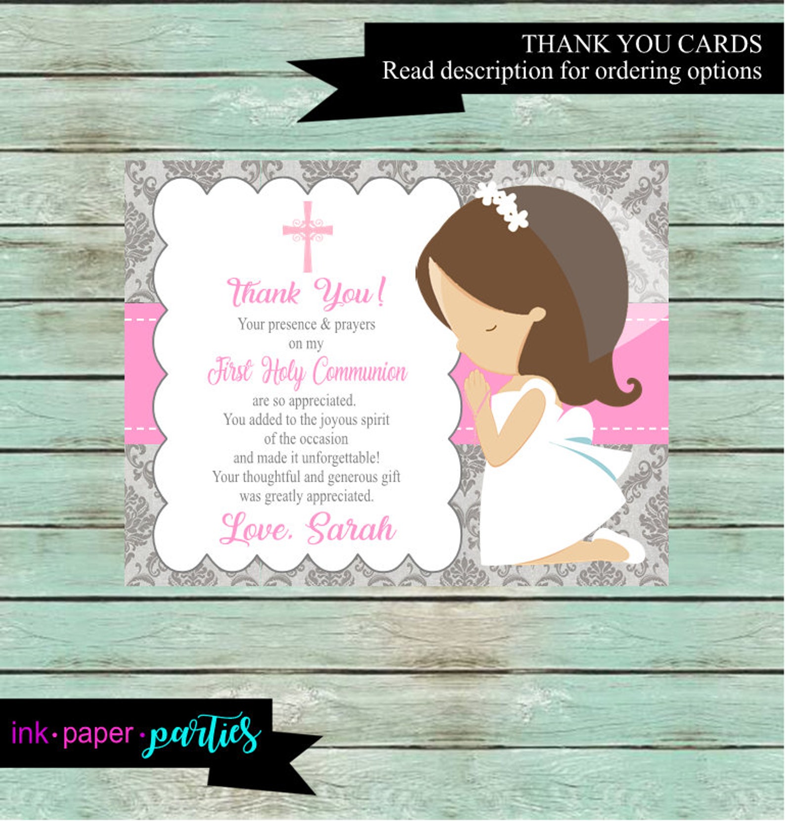 First Holy Communion Religious Party Damask Thank You Note | Etsy