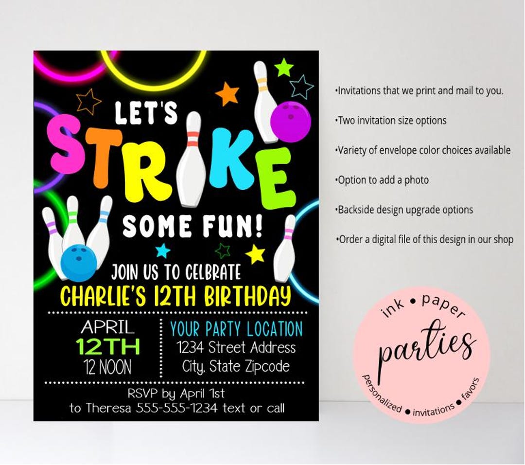 Bowling Bowl Pins & Ball Birthday Party Chalkboard Invitations Invites ...