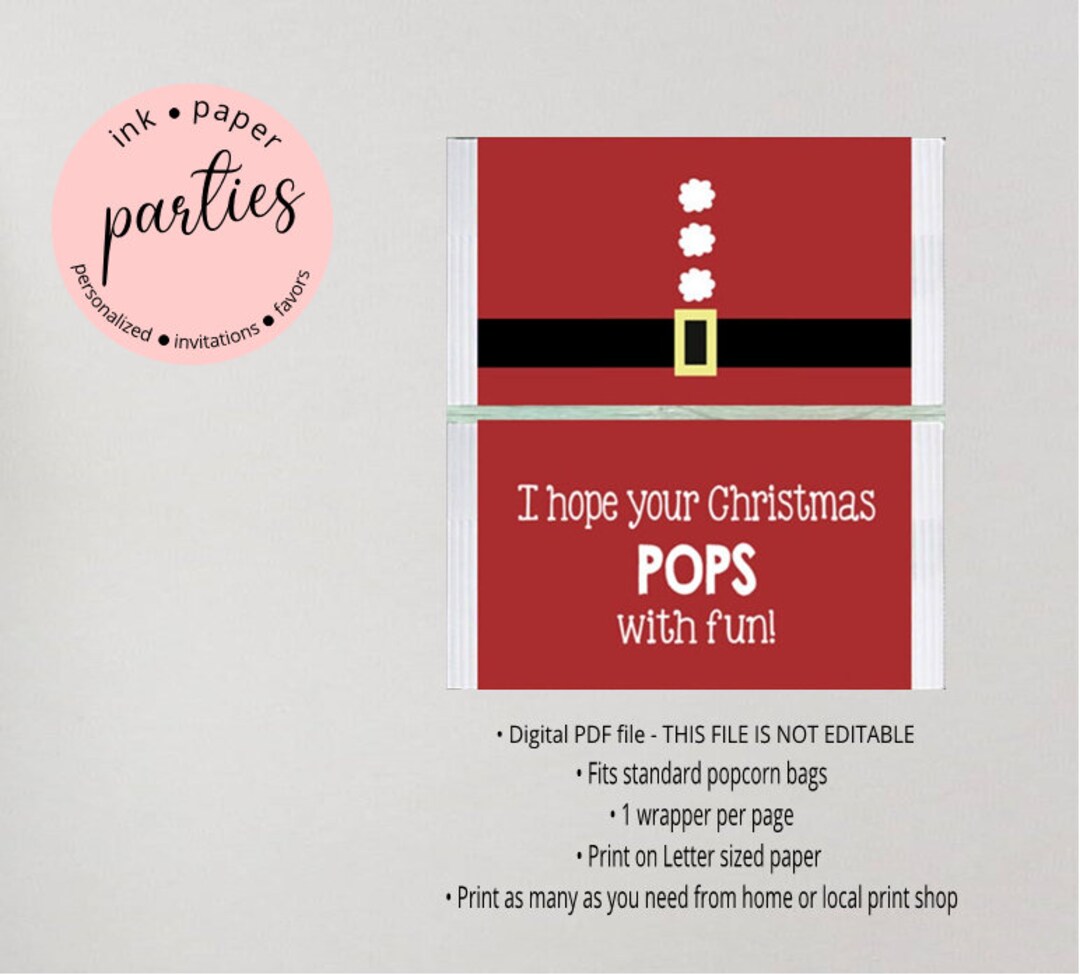 Printable Christmas Holiday Santa Popcorn Wrappers Party Favors Favor ...
