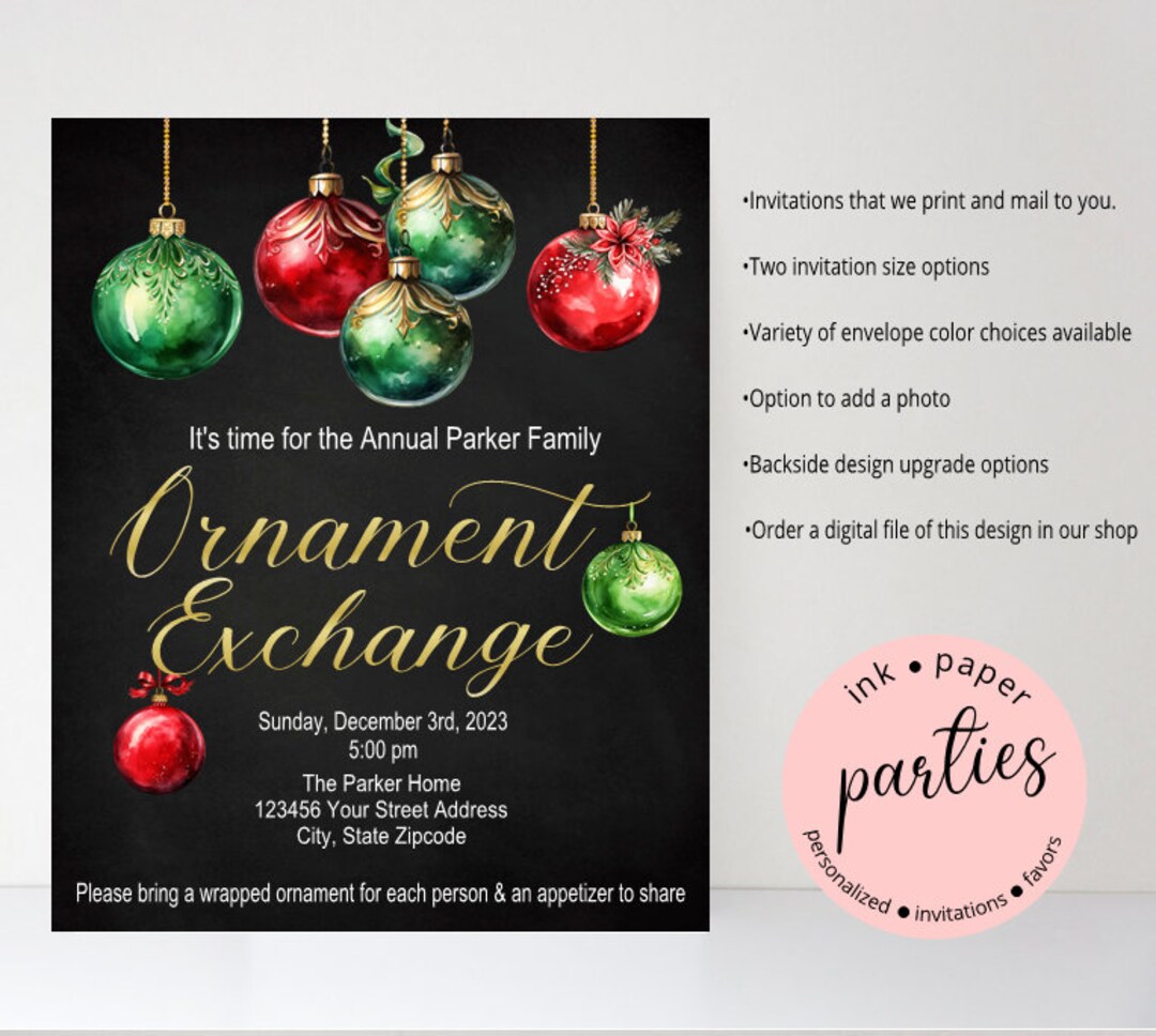 Holiday Christmas Ornaments Exchange Party Chalkboard Invitations ...