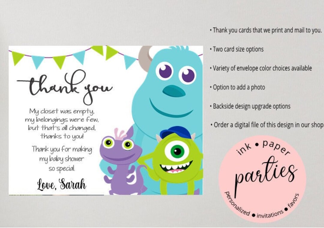 Baby Shower Monster Gender Reveal Sprinkle Party Thank You Note Cards ...