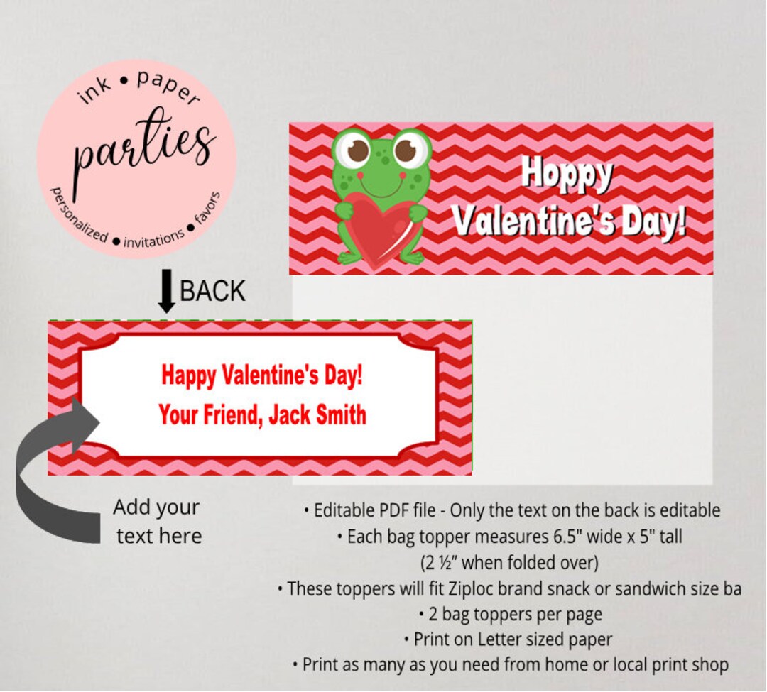 EDITABLE Frog Toad Valentine's Day Heart Kids Valentine Candy Goody ...