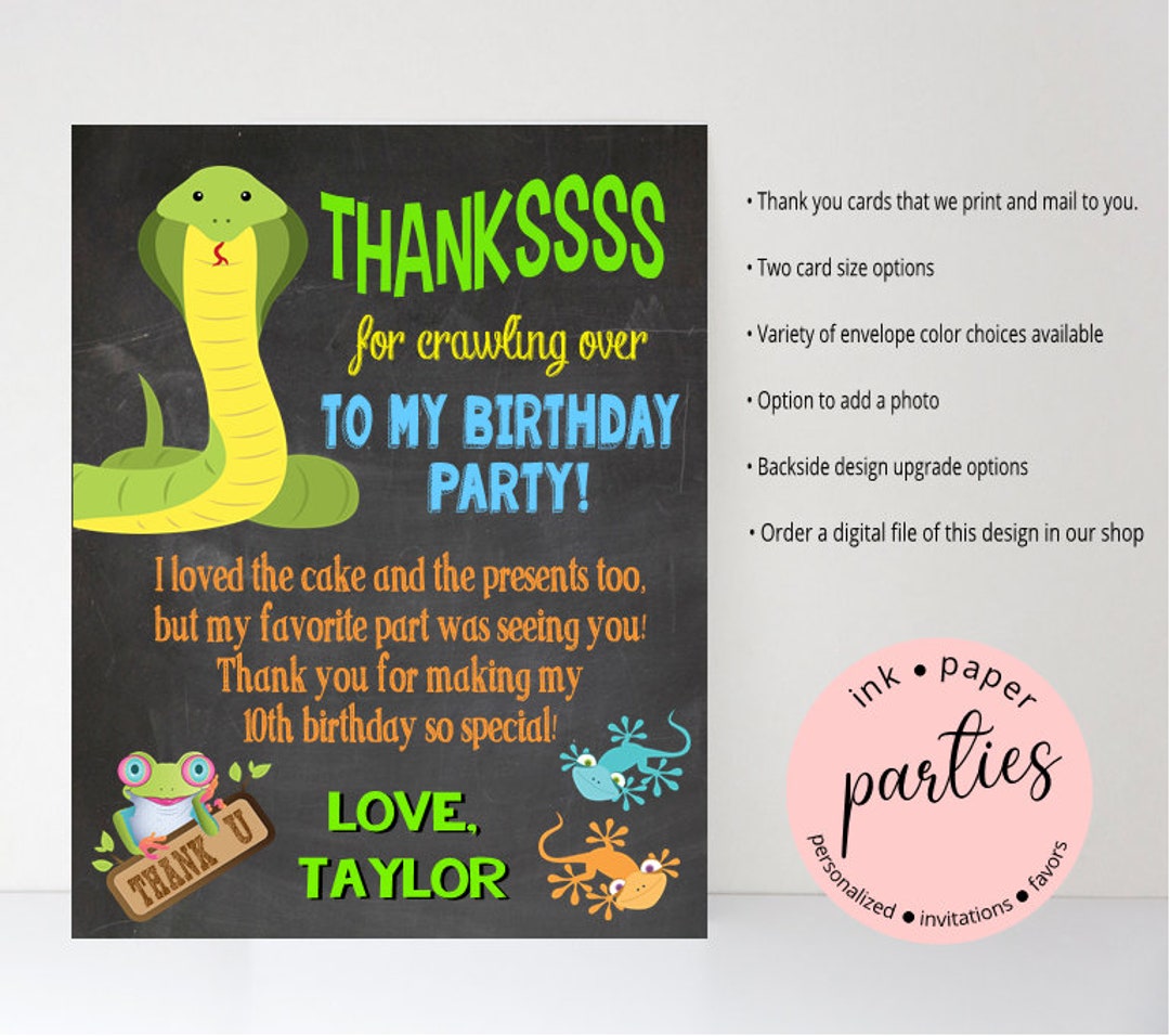 Reptile Snake Lizard Frog Chalkboard Birthday Party Thank You Note ...