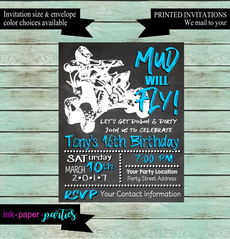 Four 4 Wheeler ATV Quad Chalkboard Birthday Party Invitations - Etsy