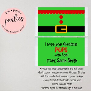 Elf Holiday Christmas Popcorn Party Wrappers Favors ~ We Print and Mail ...