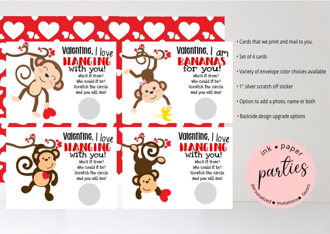 Jungle Animal Monkey set of 4 Multiple Valentine's Day Kids Valentine ...