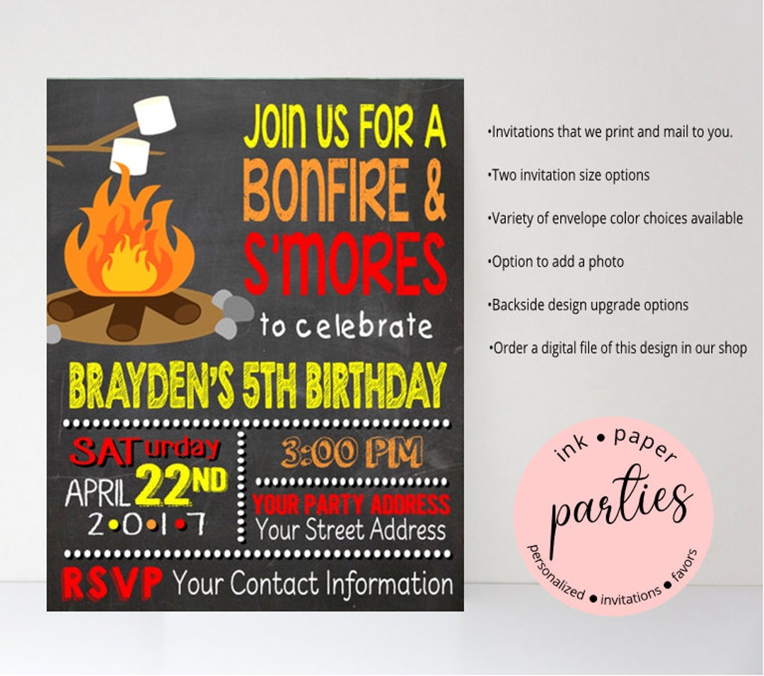 Bonfire Invitation - Camping Camp S'mores Birthday Party Chalkboard ...