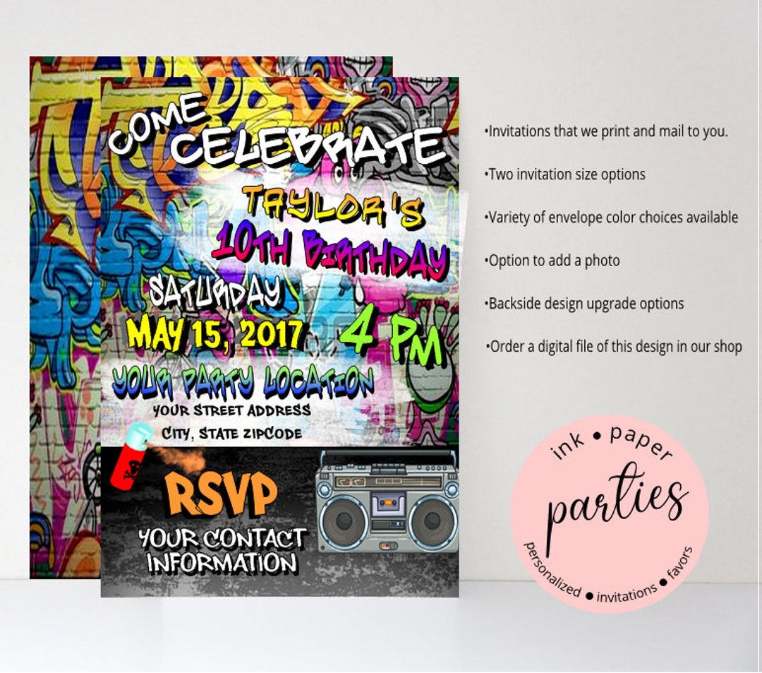 Graffiti Hip Hop Rap Spray Paint Retro 80's Birthday Party Invitations ...