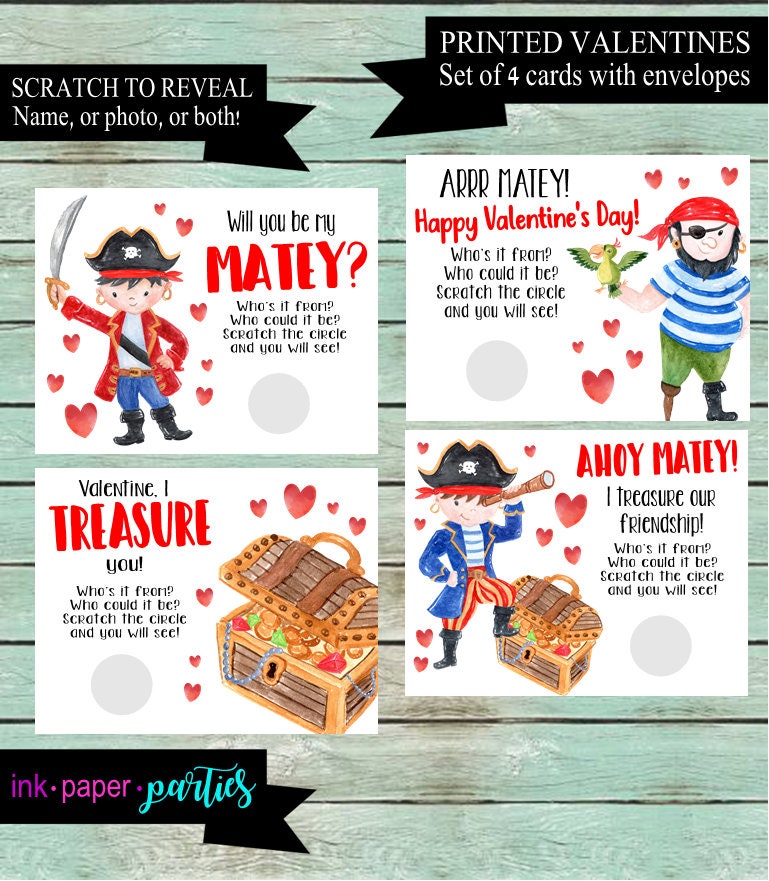 Pirate set of 4 Multiple Valentine's Day Kids Valentine | Etsy