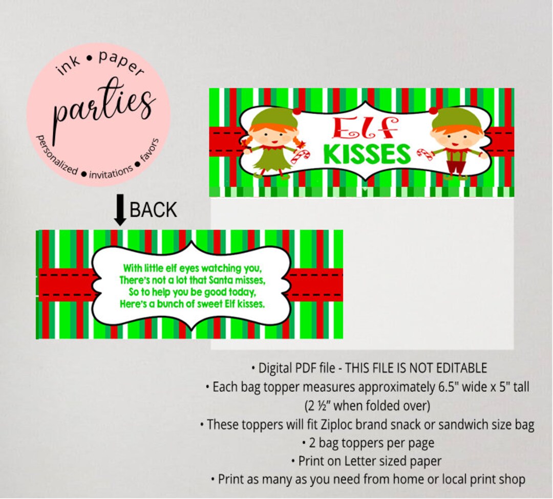 Christmas Holiday Elf Kisses Kiss Party Favors Favor Bag Treat Toppers ...