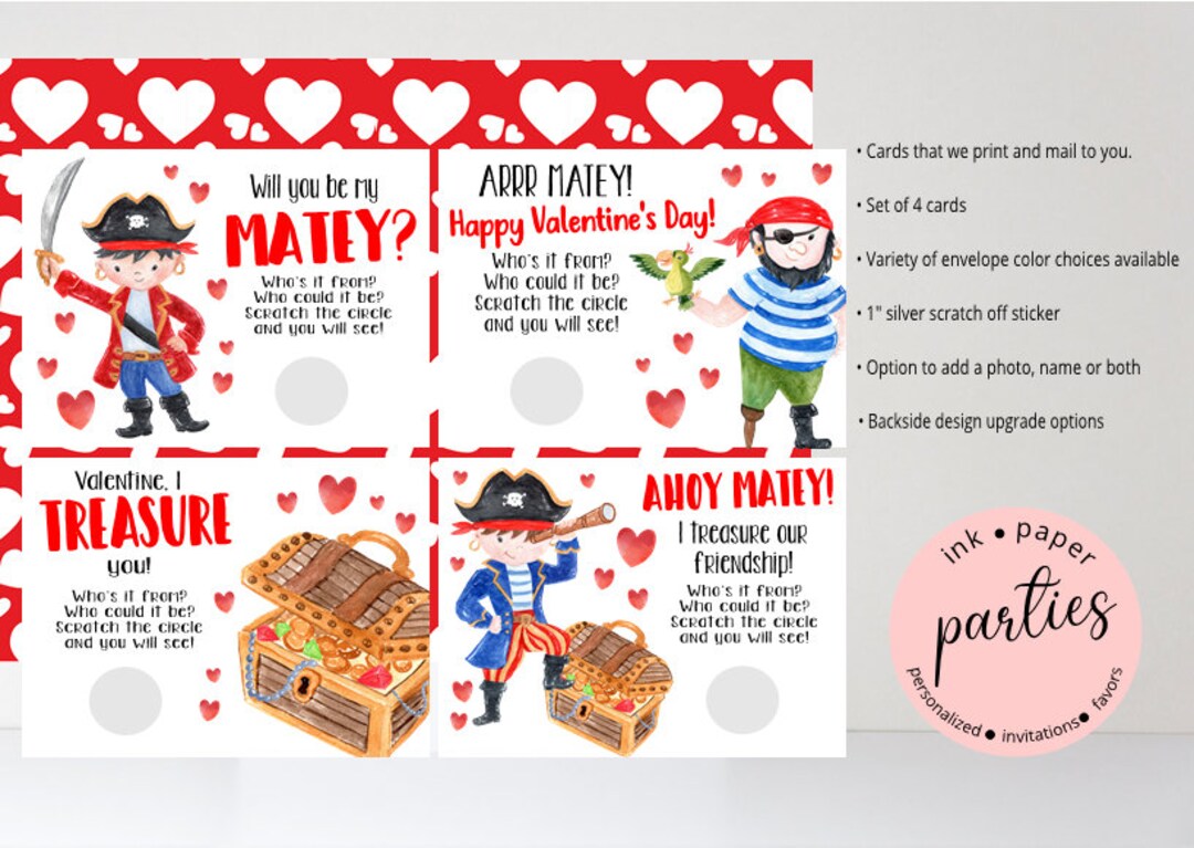 Pirate set of 4 Multiple Valentine's Day Kids Valentine - Etsy