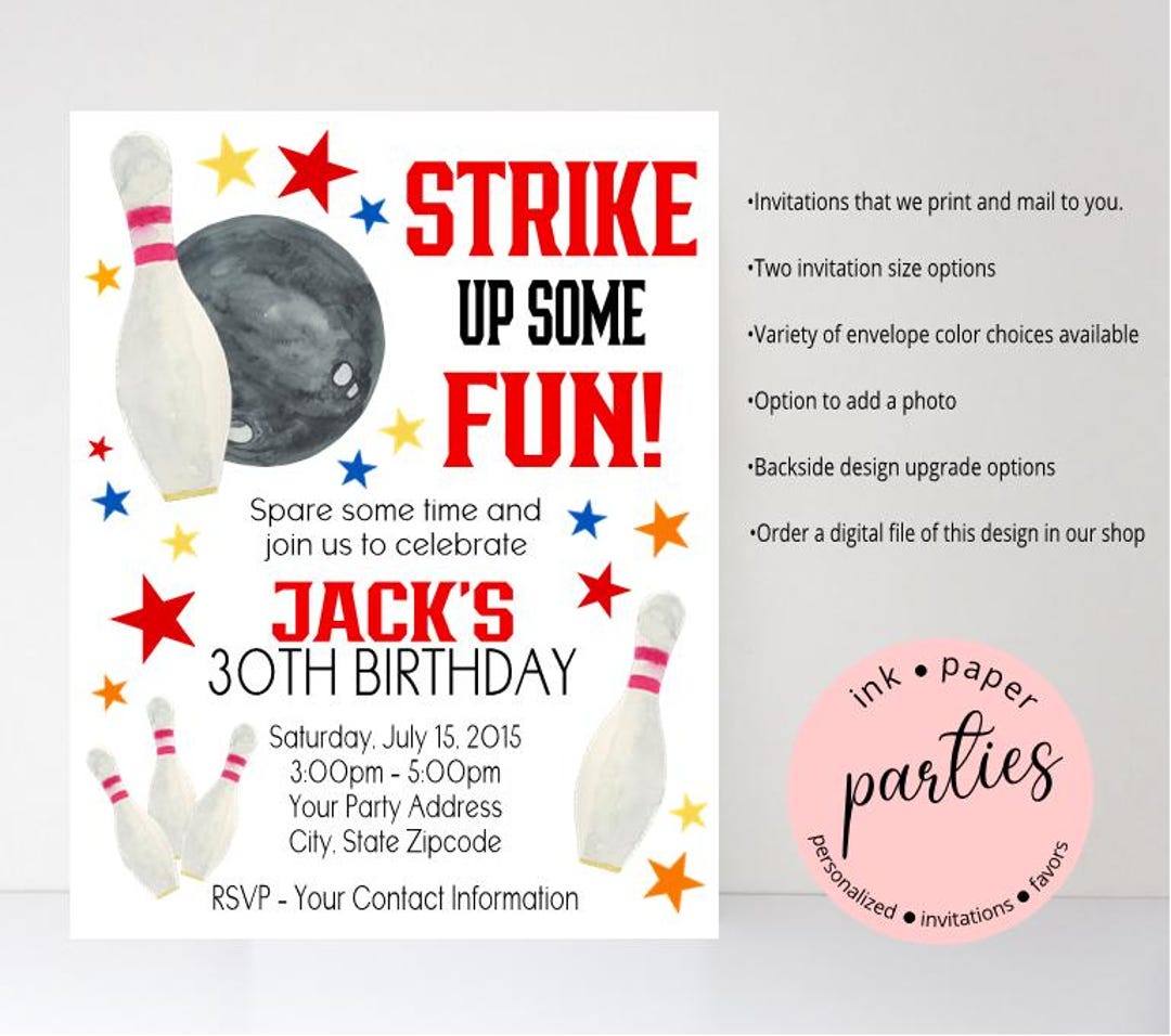 Bowling Pins Ball Bowl Birthday Party Invitations Invites Personalized ...