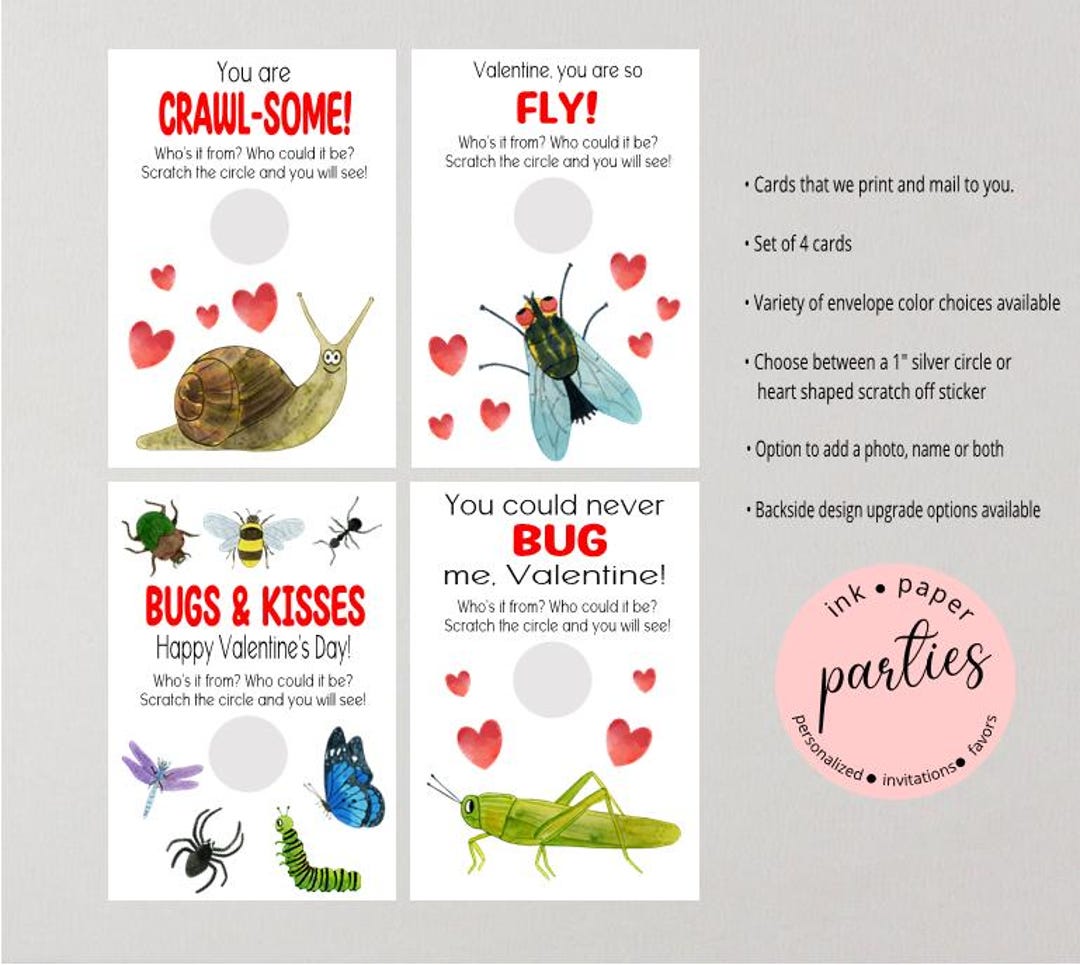 Insects, Bugs & Kisses set of 4 Valentine Card Valentine's Day Cards ...
