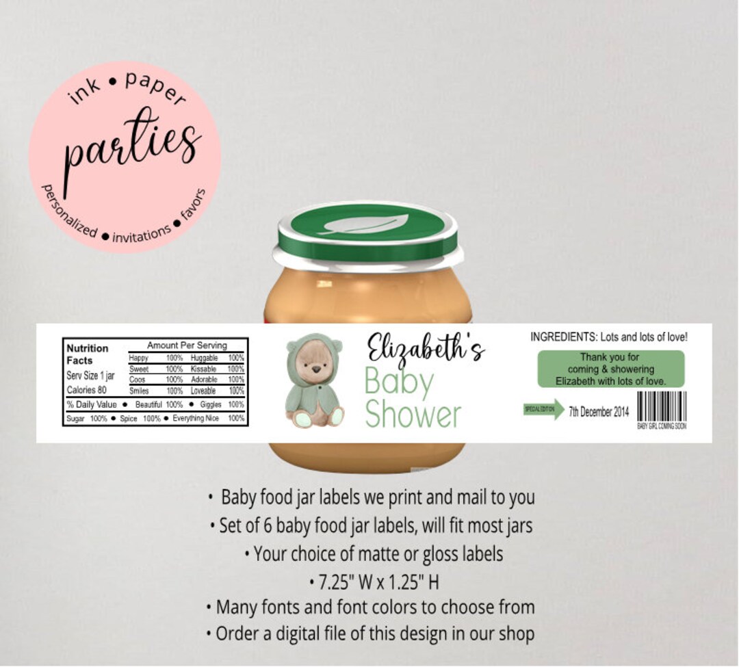 Teddy Bear Baby Shower Birthday Party Baby Food Jar Labels Favors ...
