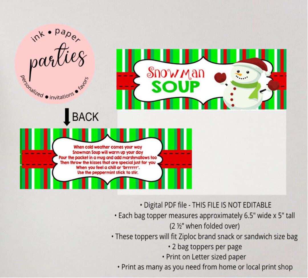 Christmas Holiday Snowman Soup Party Favors Favor Bag Treat Toppers ...