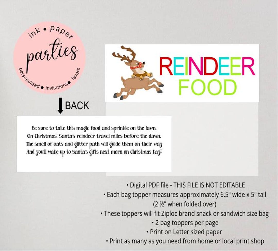 Reindeer Food Bag Topper - Digital File Download Christmas Bag Toppers ...