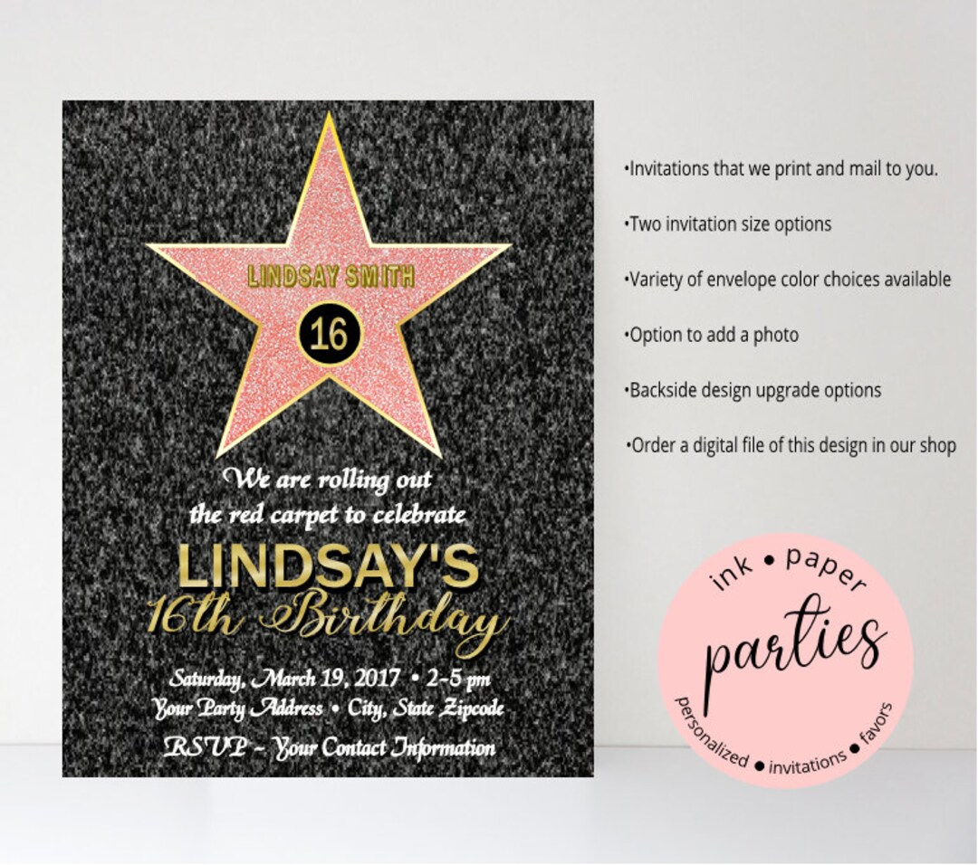 Hollywood Star Birthday Party Invitations Invites Personalized Custom ...