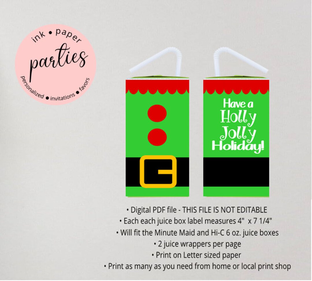 Instant Download DIY Printable Christmas Holiday Elf Juice Box Wrappers ...