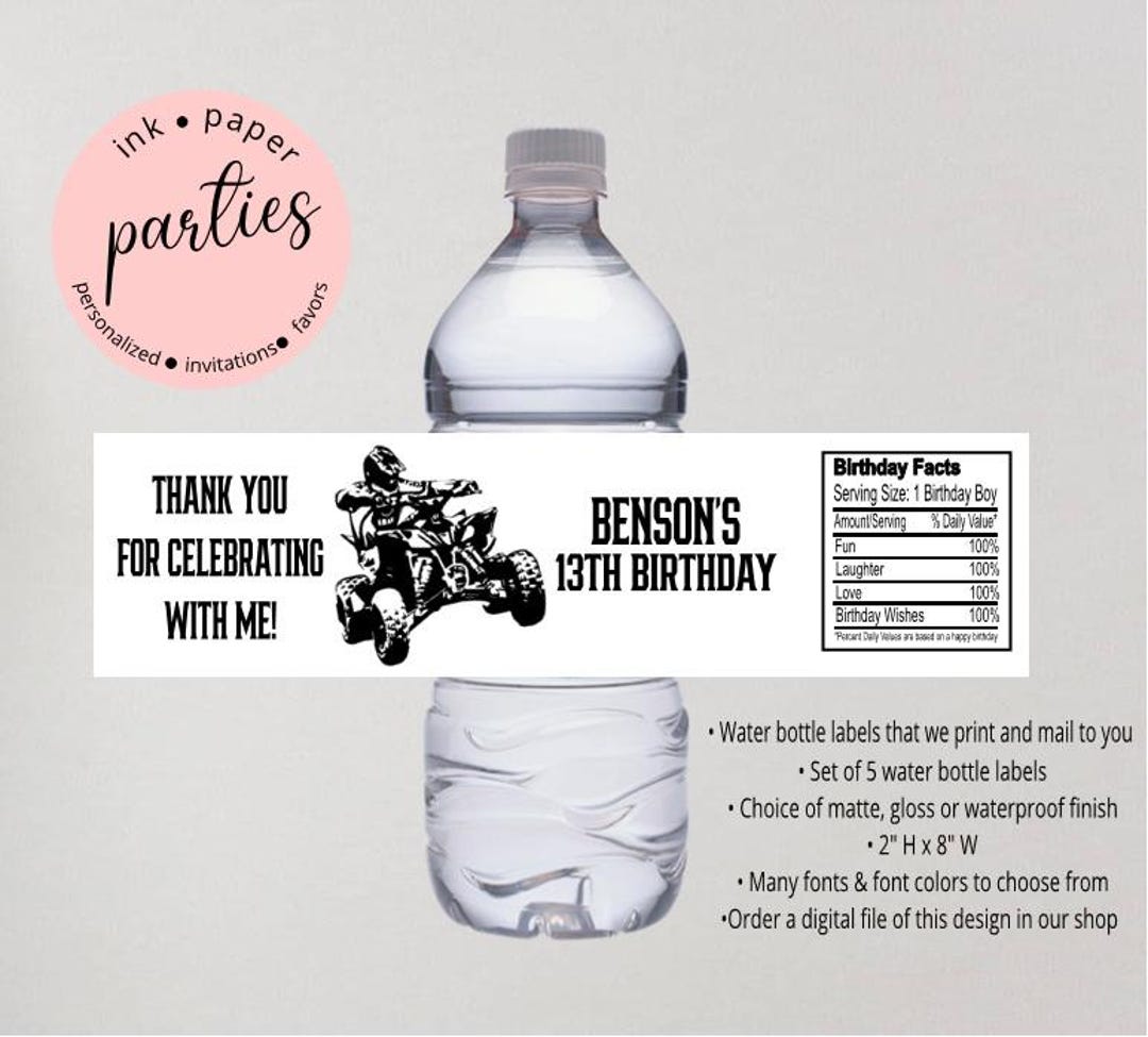 ATV QUAD Water Bottle Labels - 4 Wheeler Birthday Party Favors ...