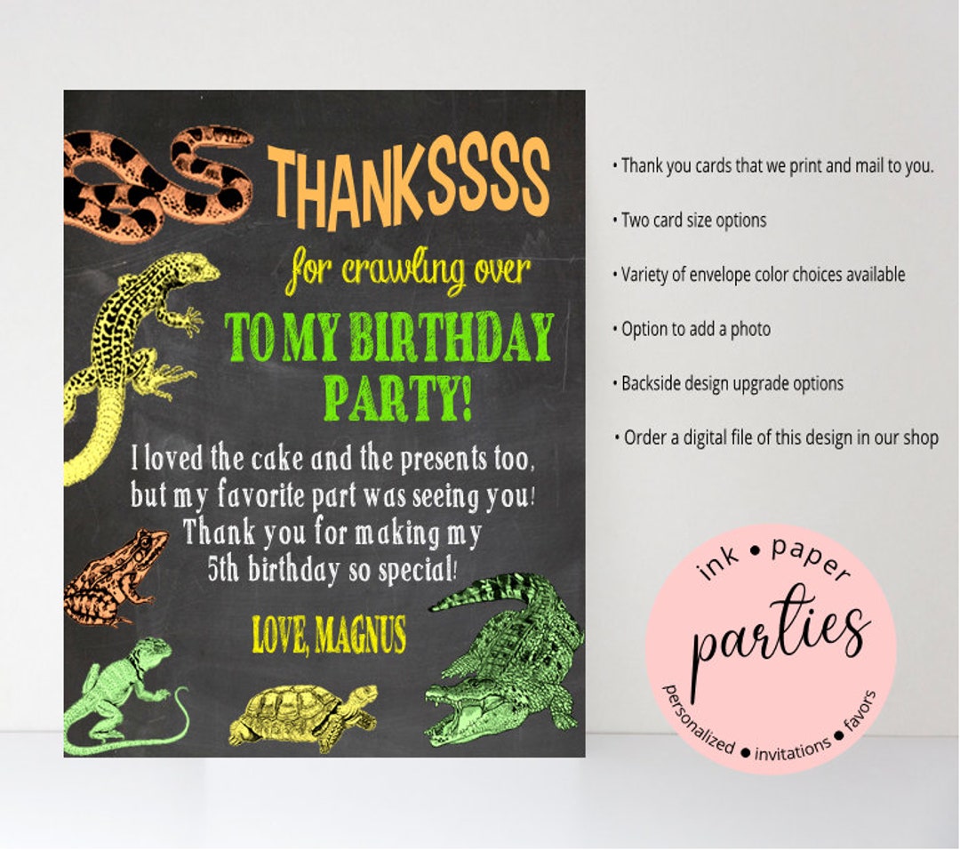 Reptile Snake Lizard Frog Chalkboard Birthday Party Thank You Note ...