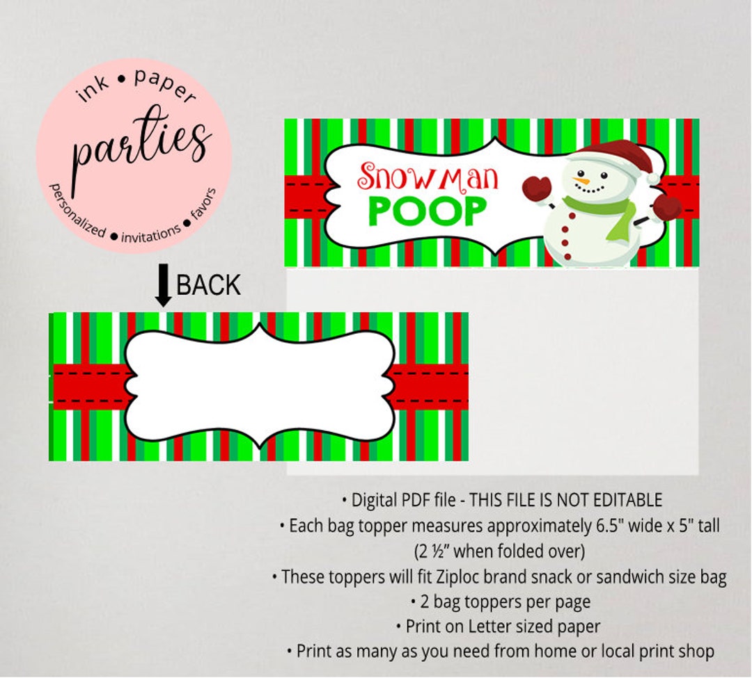 Christmas Holiday Snowman Poop Party Favors Favor Bag Treat Toppers DIY ...