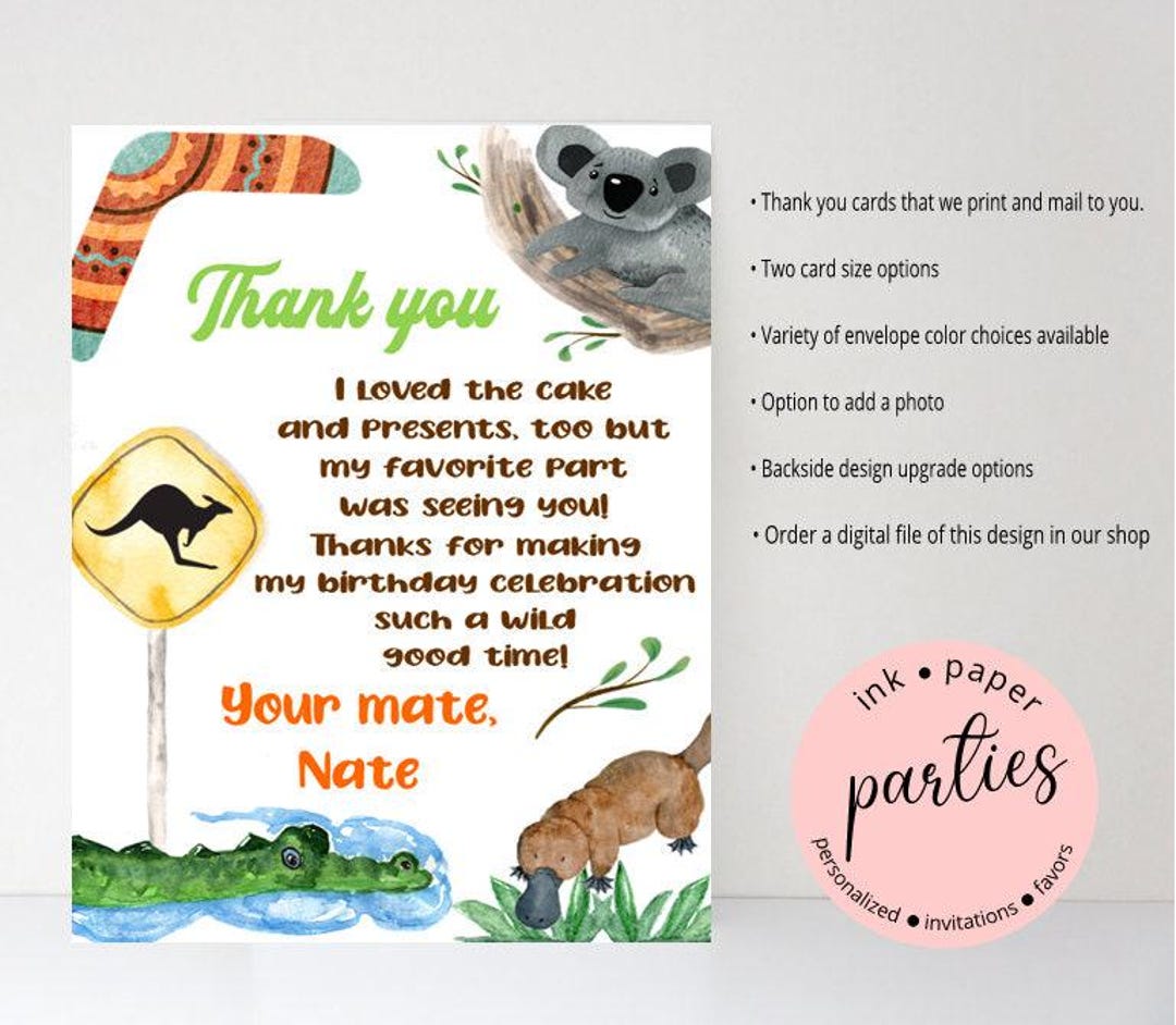 Australian Outback Safari Animals Birthday Party Thank You Note Cards ...
