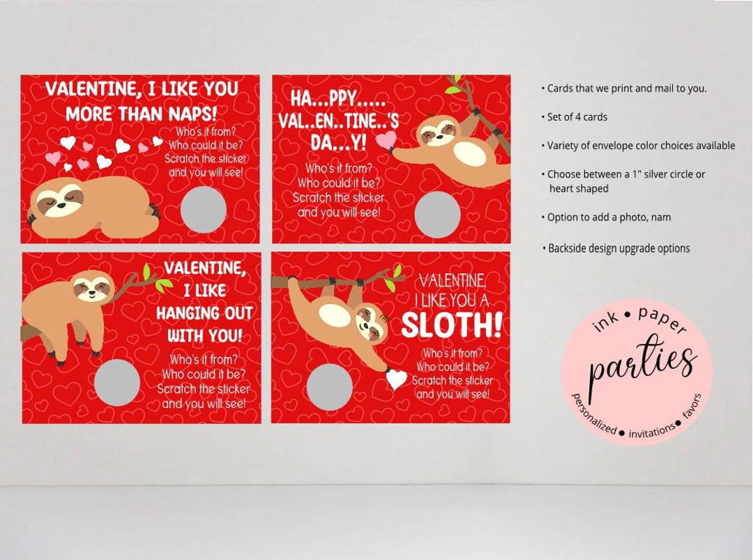 Sloth Valentine Scratch off Cards - Personalized Kids Valentines (set ...